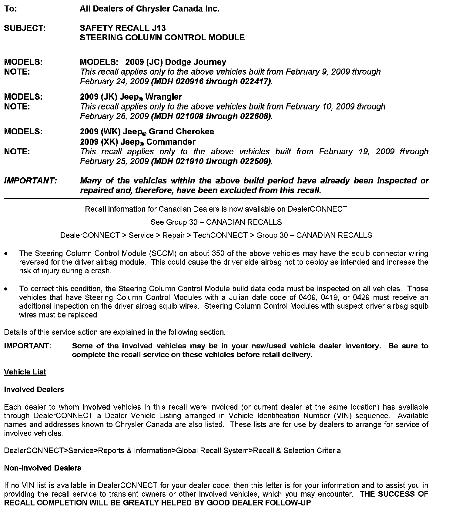 Canada - Recall - J13 Steering Column Control Module — 2009 Dodge and ...