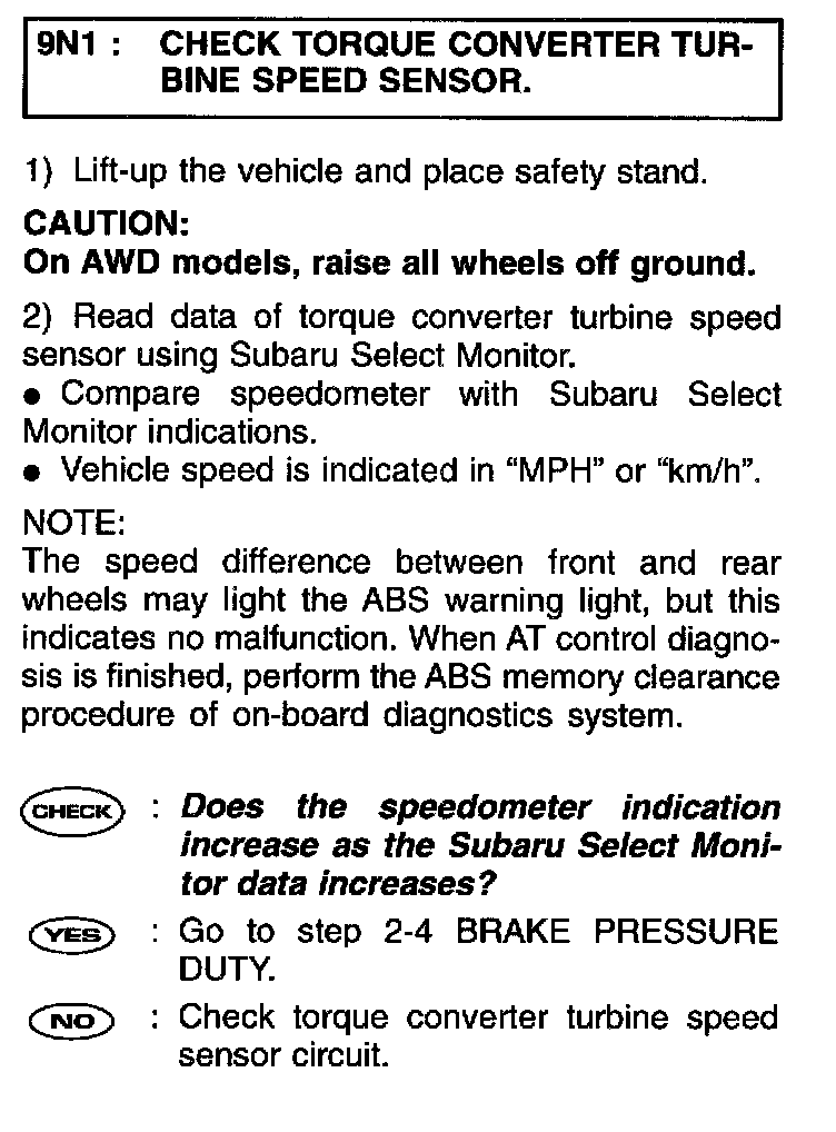 Check Torque Converter Turbine Speed Sensor — 1999 Subaru Forester AWD ...